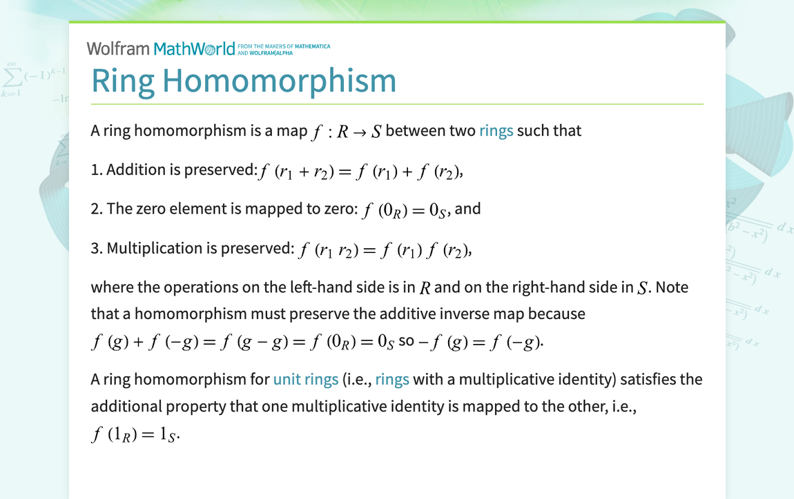 Ring Homomorphism -- from Wolfram MathWorld