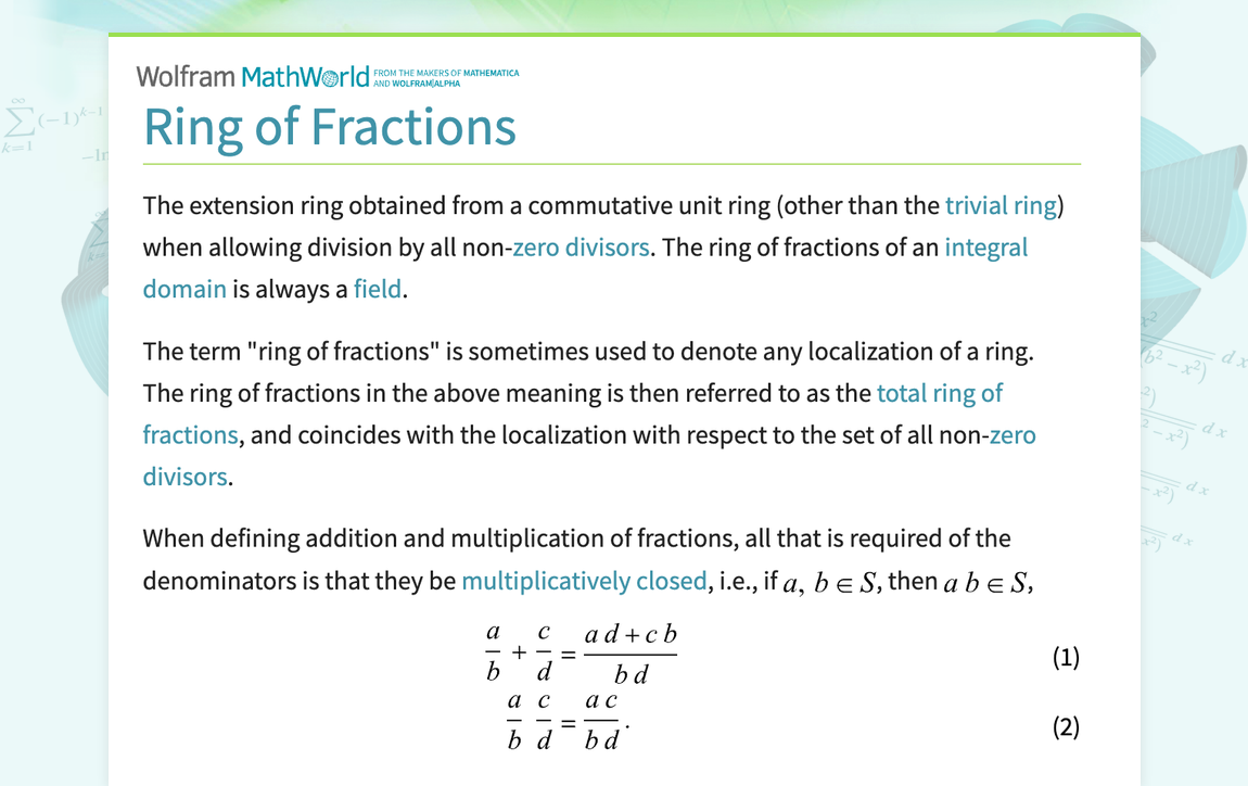Ring of Fractions -- from Wolfram MathWorld