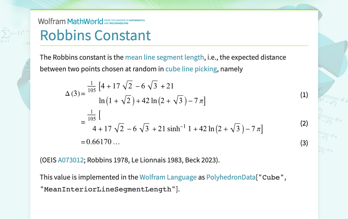 Robbins Constant -- from Wolfram MathWorld