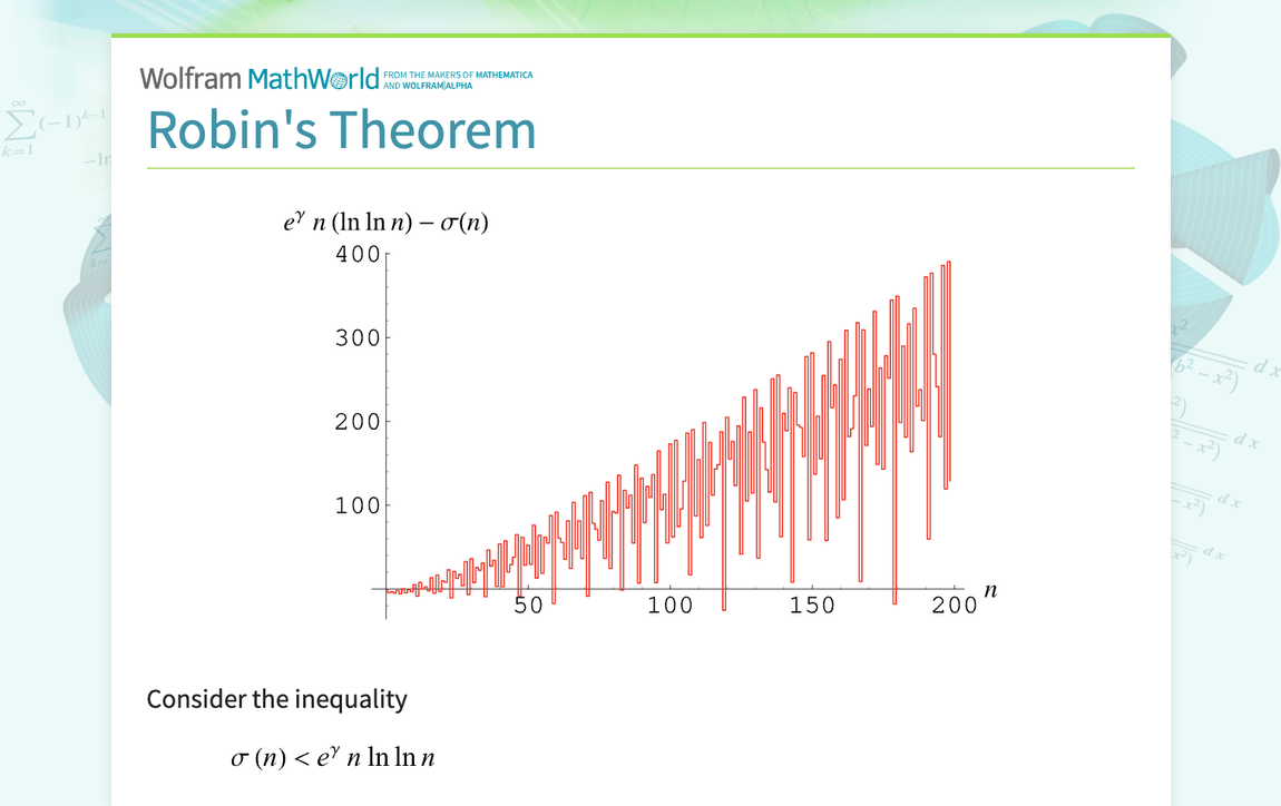 Robin's Theorem -- from Wolfram MathWorld
