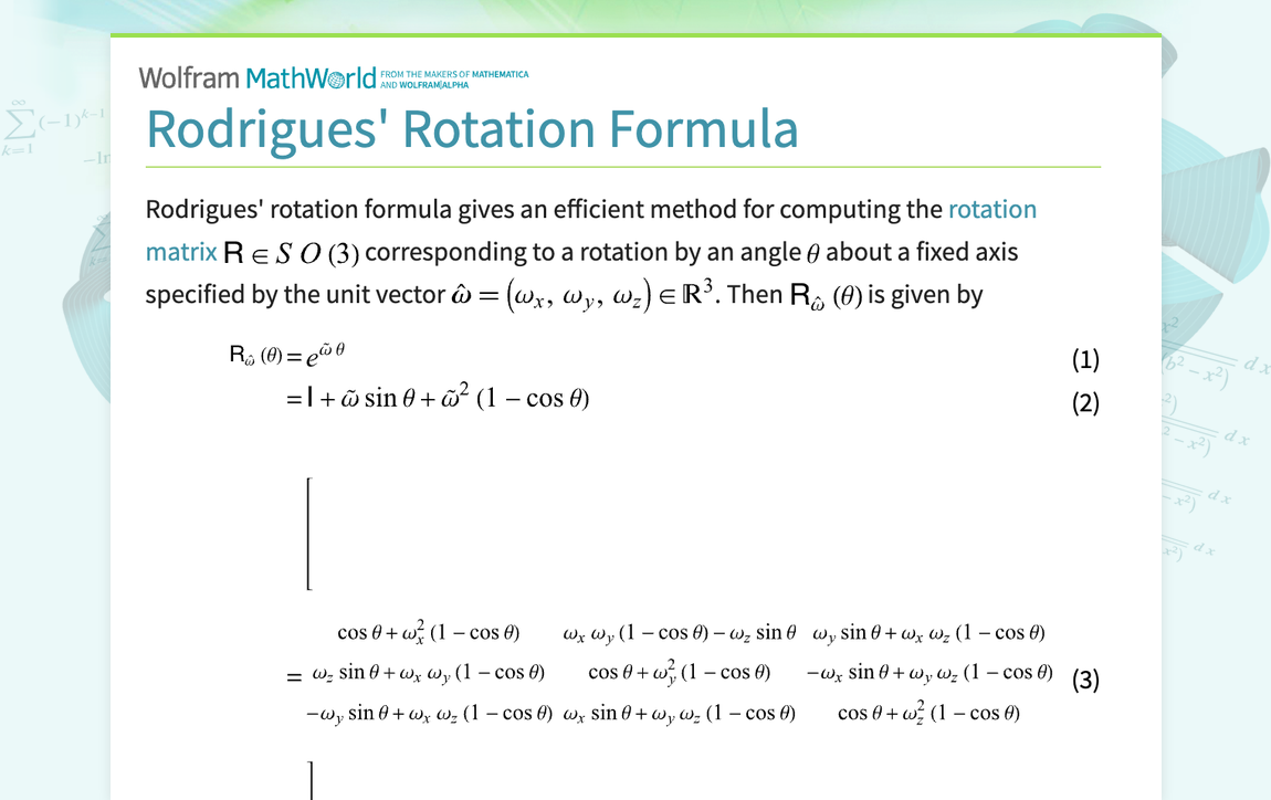 Rodrigues' Rotation Formula -- from Wolfram MathWorld