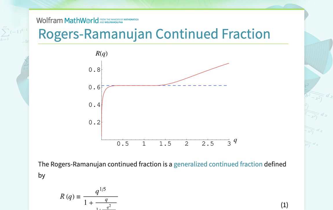 Rogers-Ramanujan Continued Fraction -- from Wolfram MathWorld