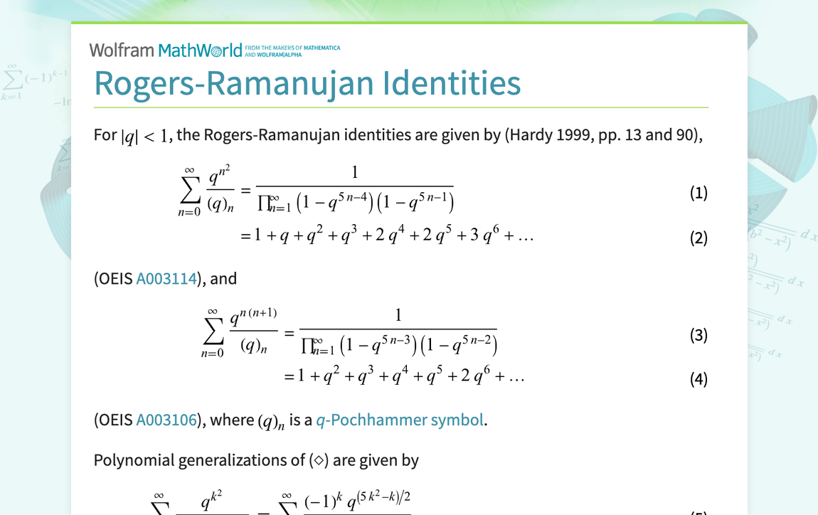 Rogers-Ramanujan Identities -- from Wolfram MathWorld