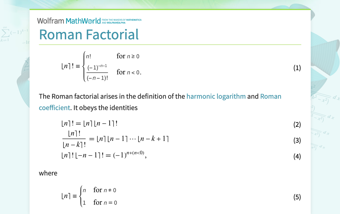 Roman Factorial -- from Wolfram MathWorld