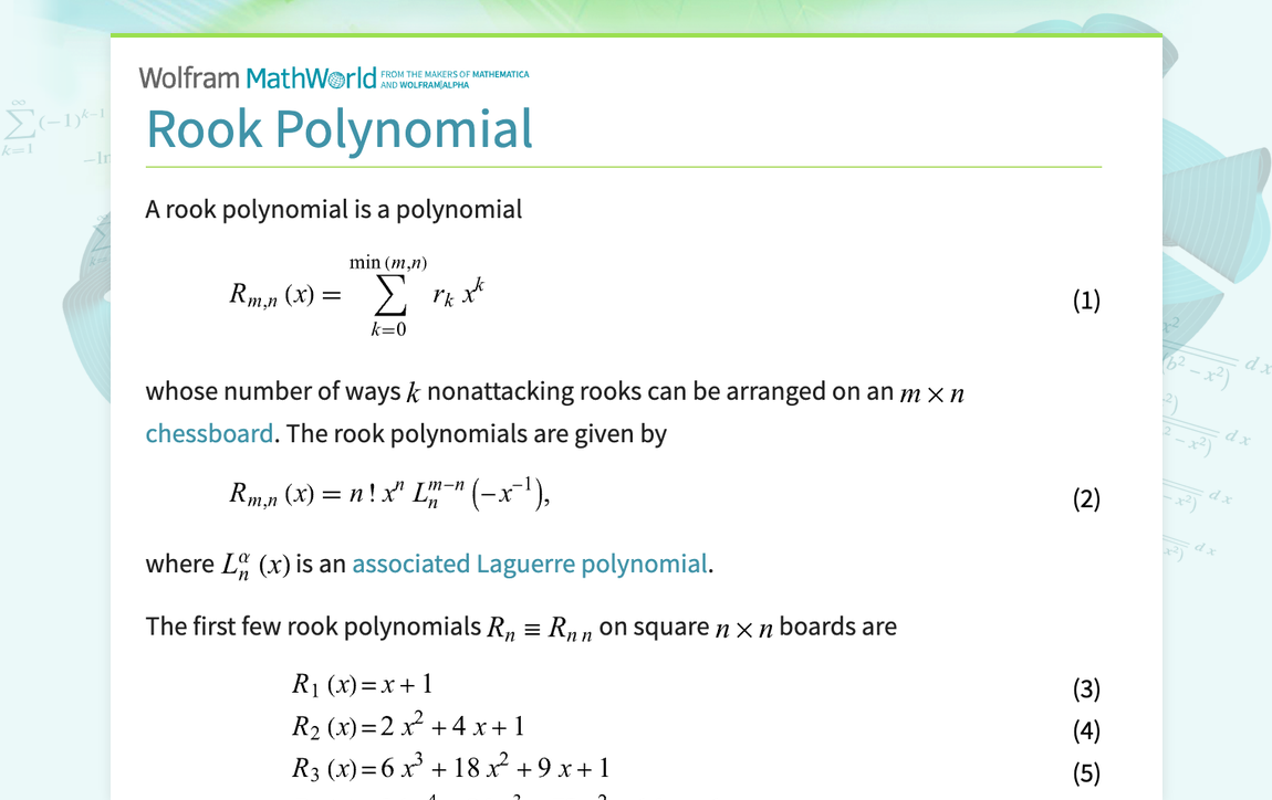 Rook Polynomial -- from Wolfram MathWorld