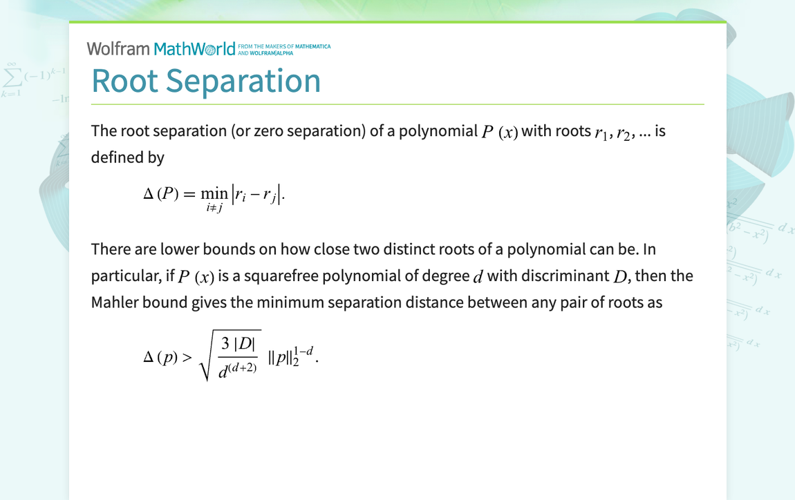 Root Separation -- from Wolfram MathWorld