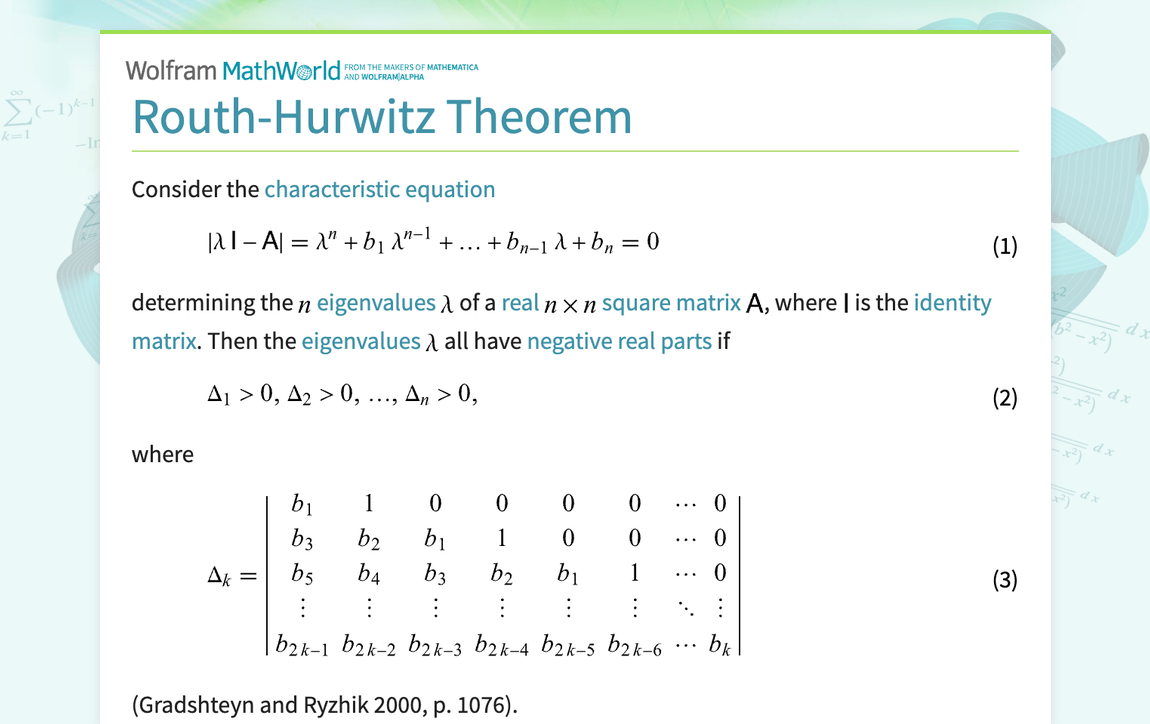 Routh-Hurwitz Theorem -- from Wolfram MathWorld