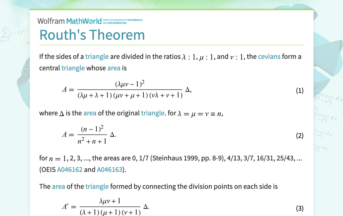 Routh's Theorem -- from Wolfram MathWorld