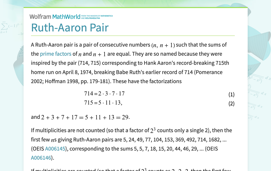 Ruth-Aaron Pair -- from Wolfram MathWorld