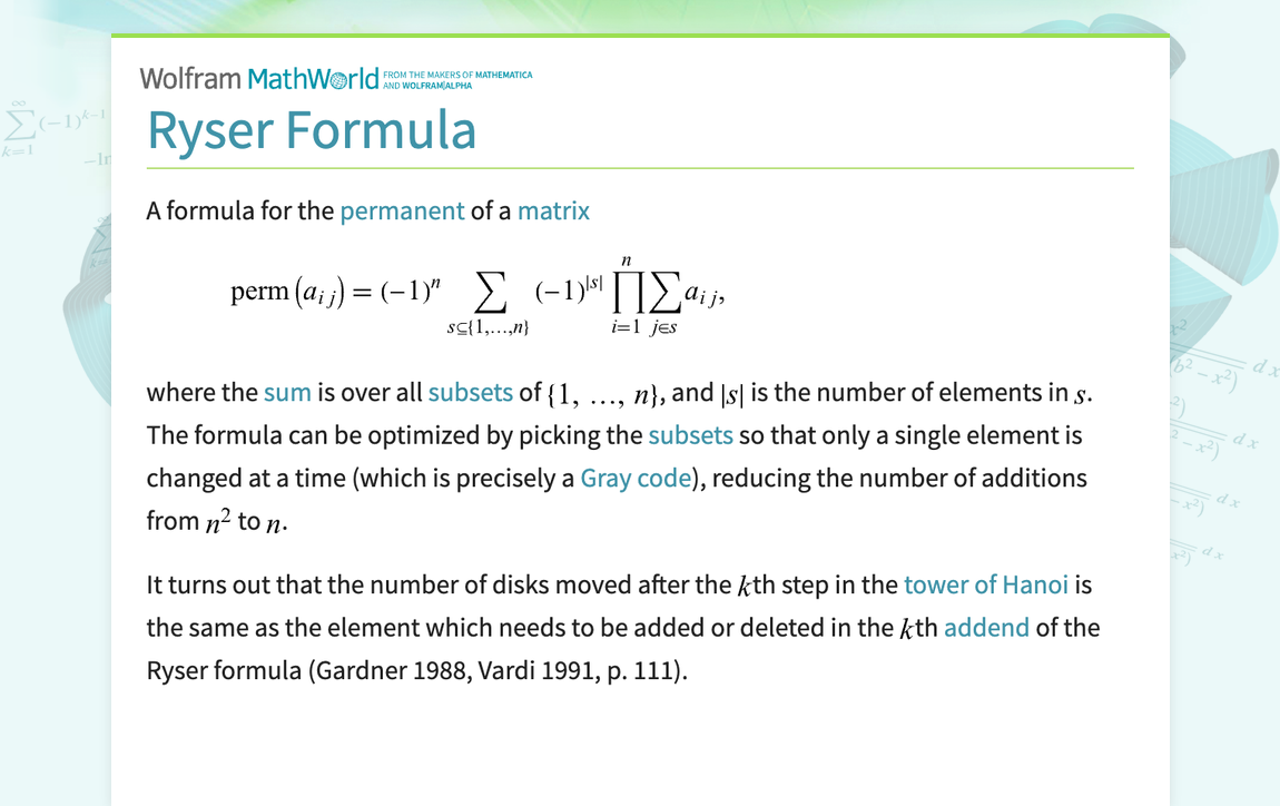 Ryser Formula -- from Wolfram MathWorld