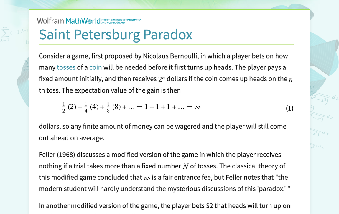 Saint Petersburg Paradox -- from Wolfram MathWorld