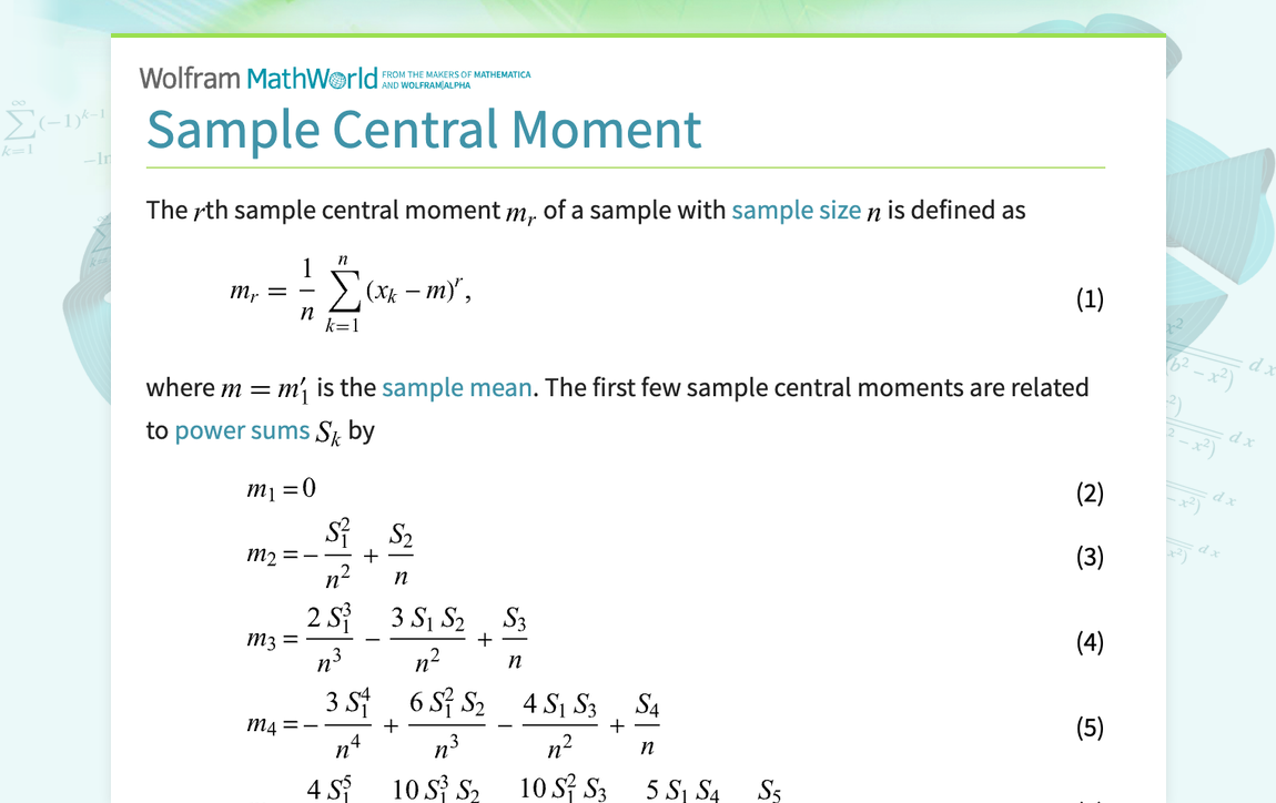 Sample Central Moment -- from Wolfram MathWorld
