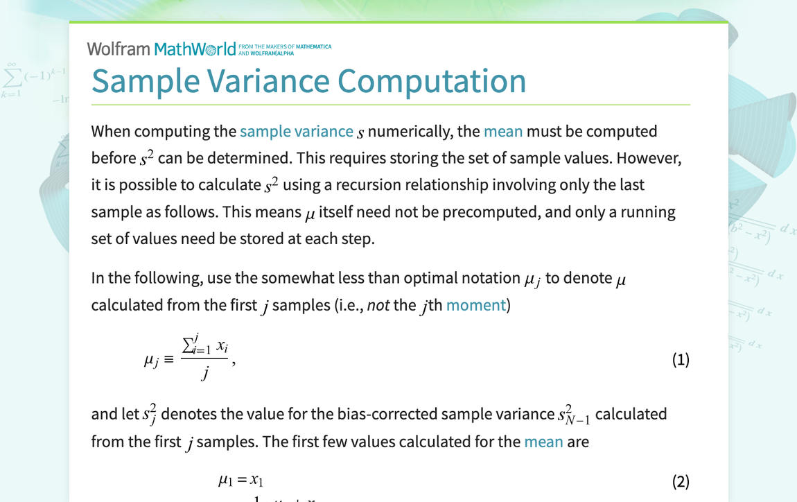 Sample Variance Computation -- from Wolfram MathWorld