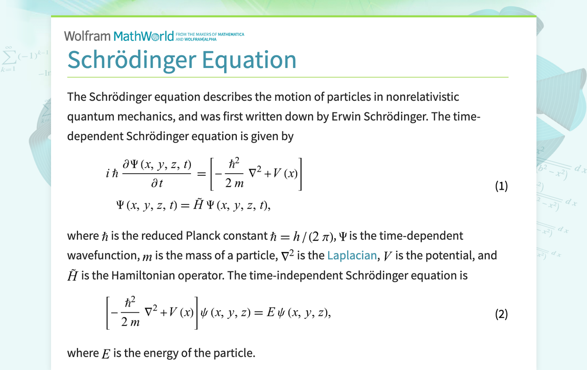 Schrödinger Equation -- from Wolfram MathWorld