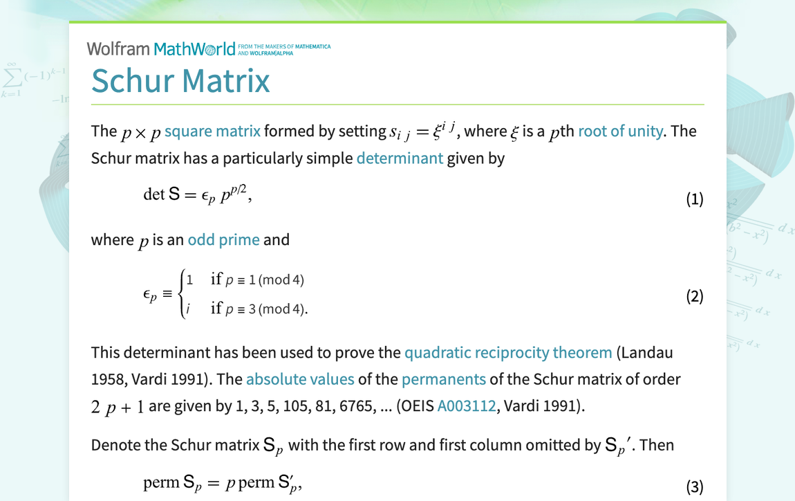 Schur Matrix -- from Wolfram MathWorld