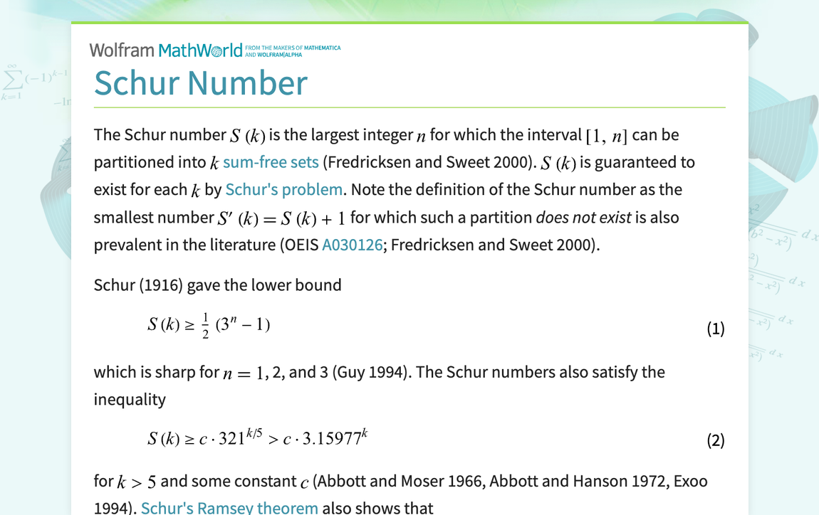 Schur Number -- from Wolfram MathWorld