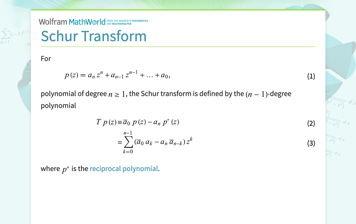 Schur Transform -- from Wolfram MathWorld