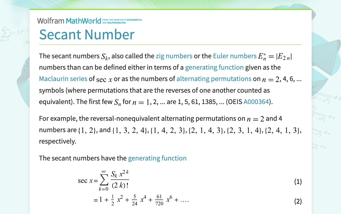 Secant Number From Wolfram Mathworld