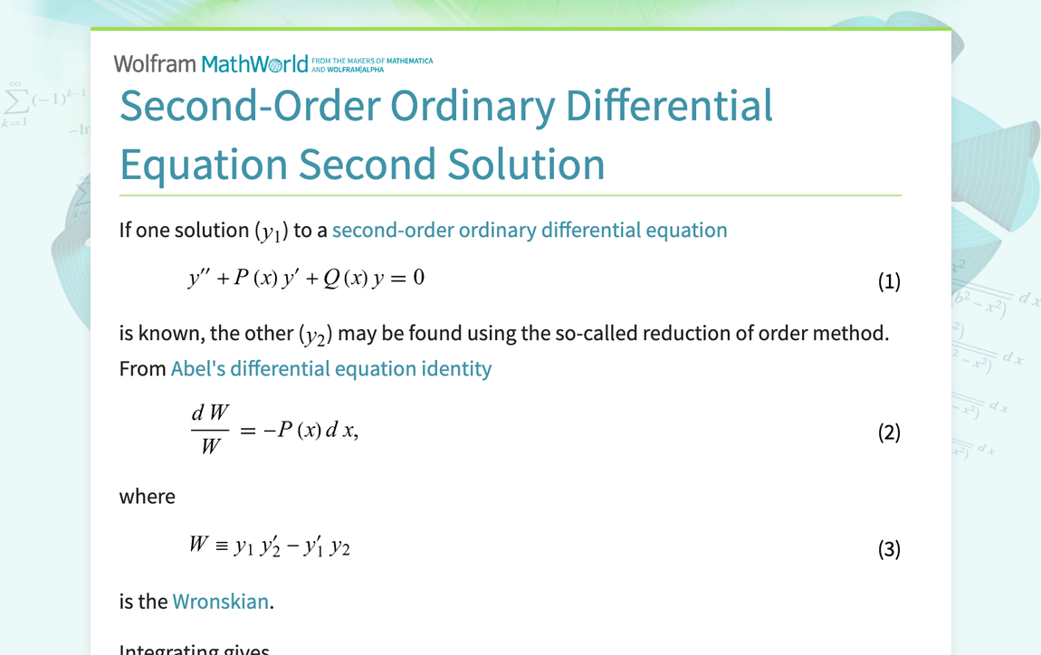 Second Order Ordinary Differential Equation Second Solution From
