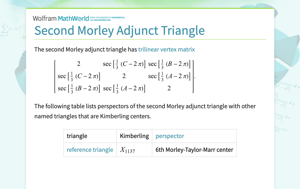 Second Morley Adjunct Triangle -- from Wolfram MathWorld