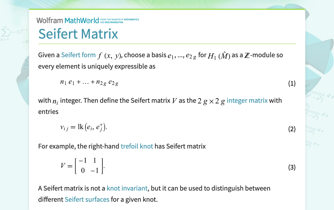 Seifert Matrix -- from Wolfram MathWorld
