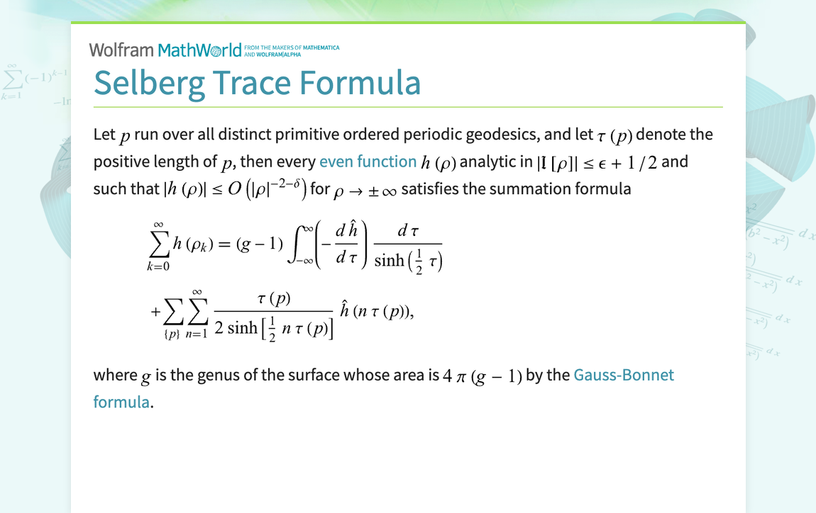 Selberg Trace Formula -- from Wolfram MathWorld