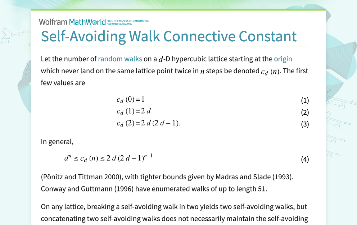 Self Avoiding Walk Connective Constant From Wolfram Mathworld