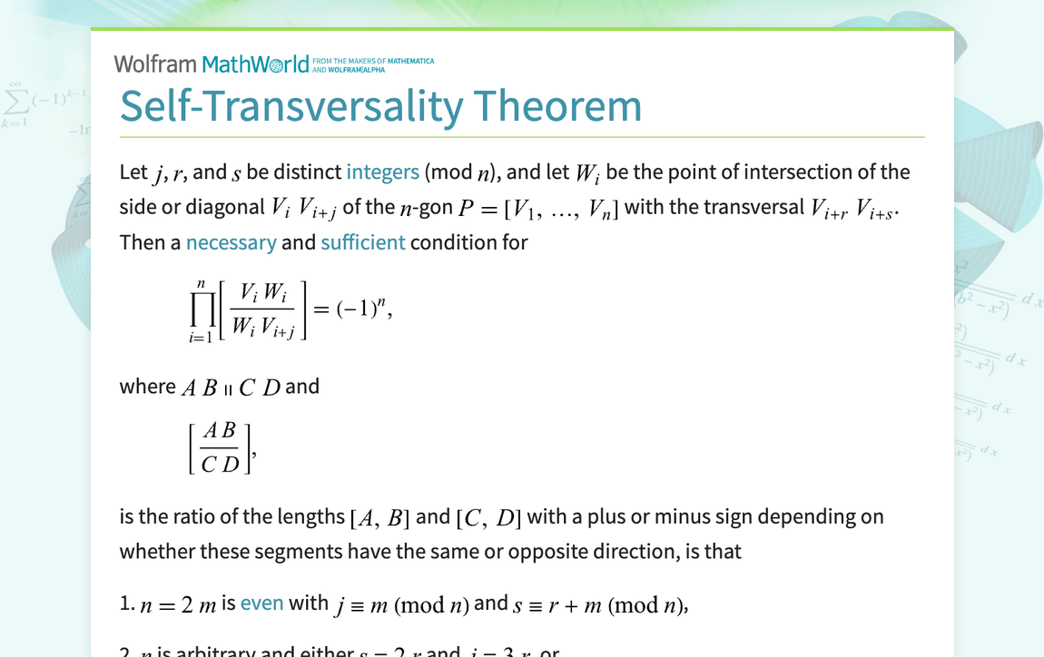 Self-Transversality Theorem -- from Wolfram MathWorld