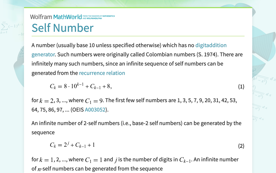Self Number -- from Wolfram MathWorld