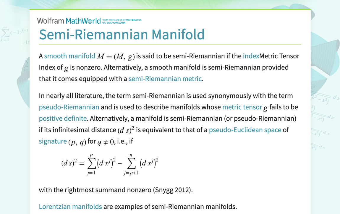 Semi-Riemannian Manifold -- from Wolfram MathWorld