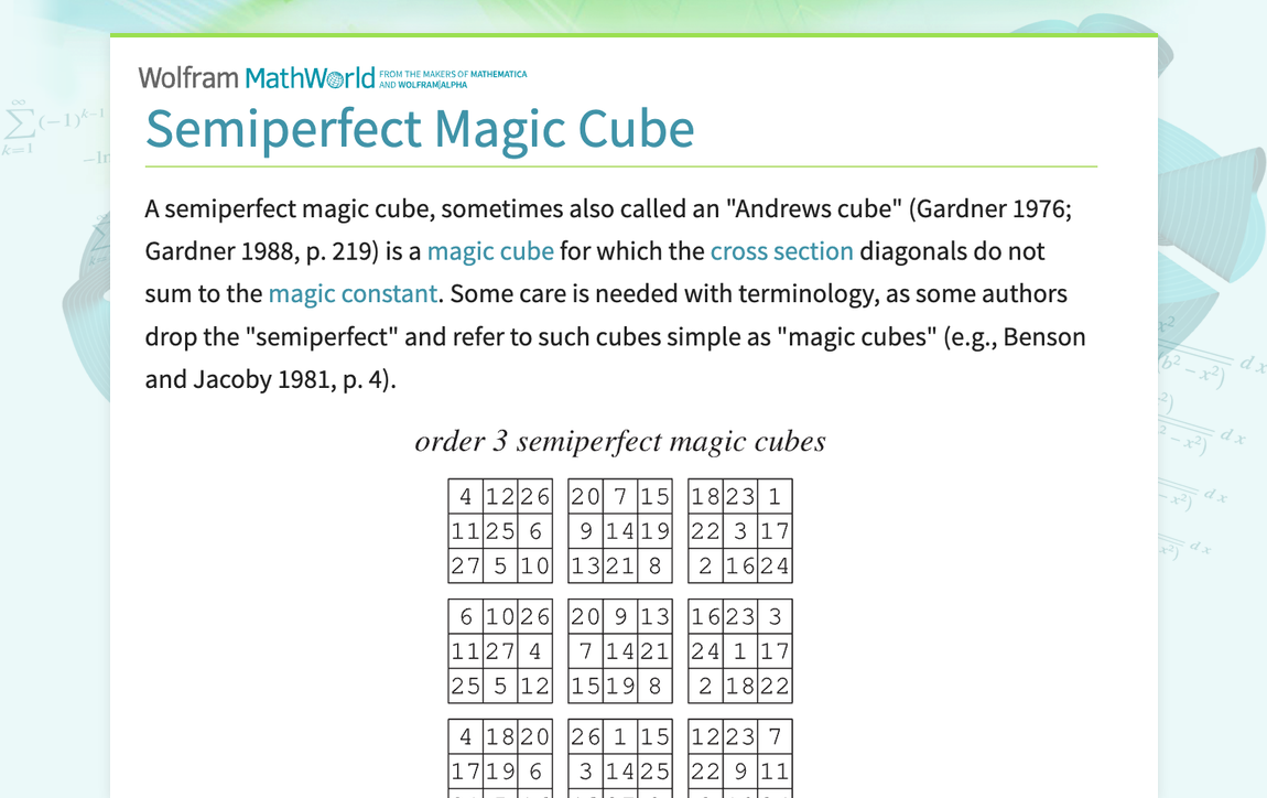 Semiperfect Magic Cube -- from Wolfram MathWorld