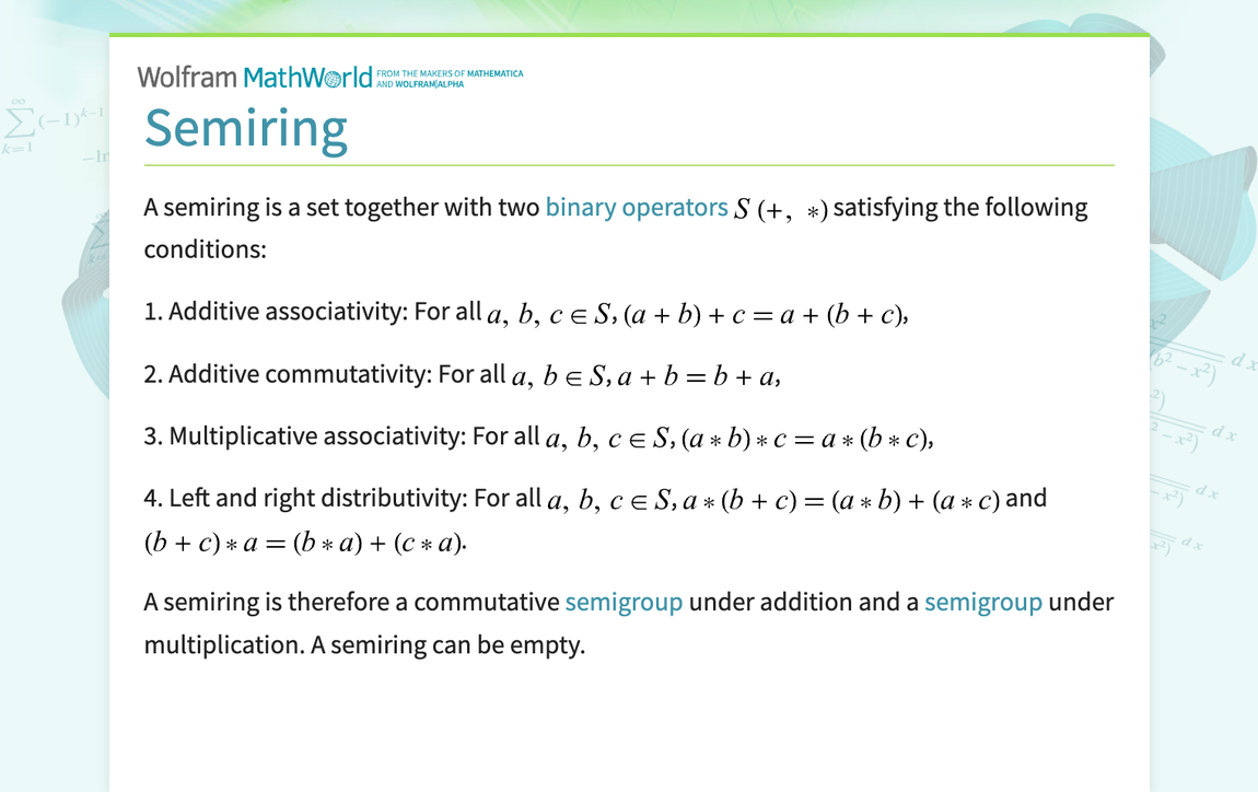 Semiring -- from Wolfram MathWorld