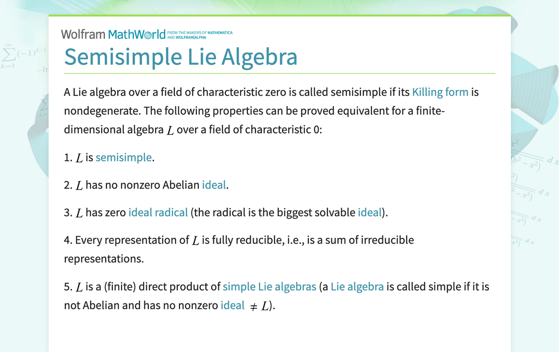 Semisimple Lie Algebra -- from Wolfram MathWorld