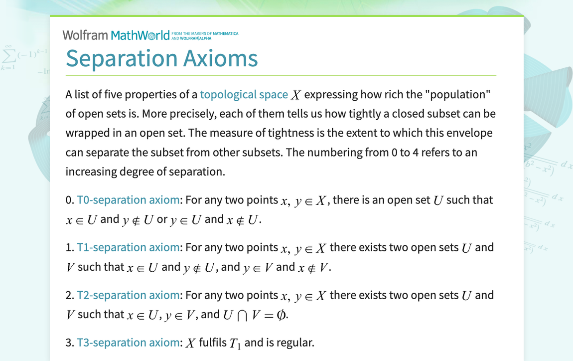 Separation Axioms -- from Wolfram MathWorld