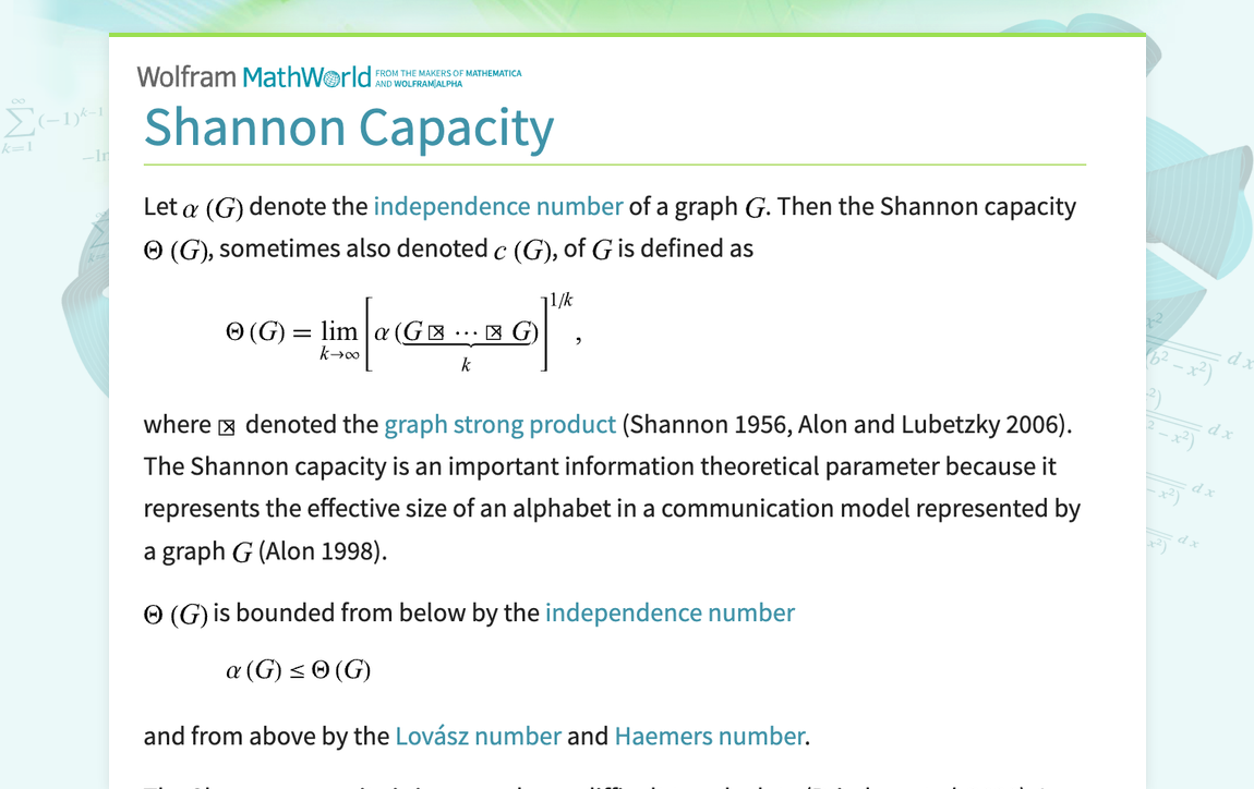 Shannon Capacity -- from Wolfram MathWorld