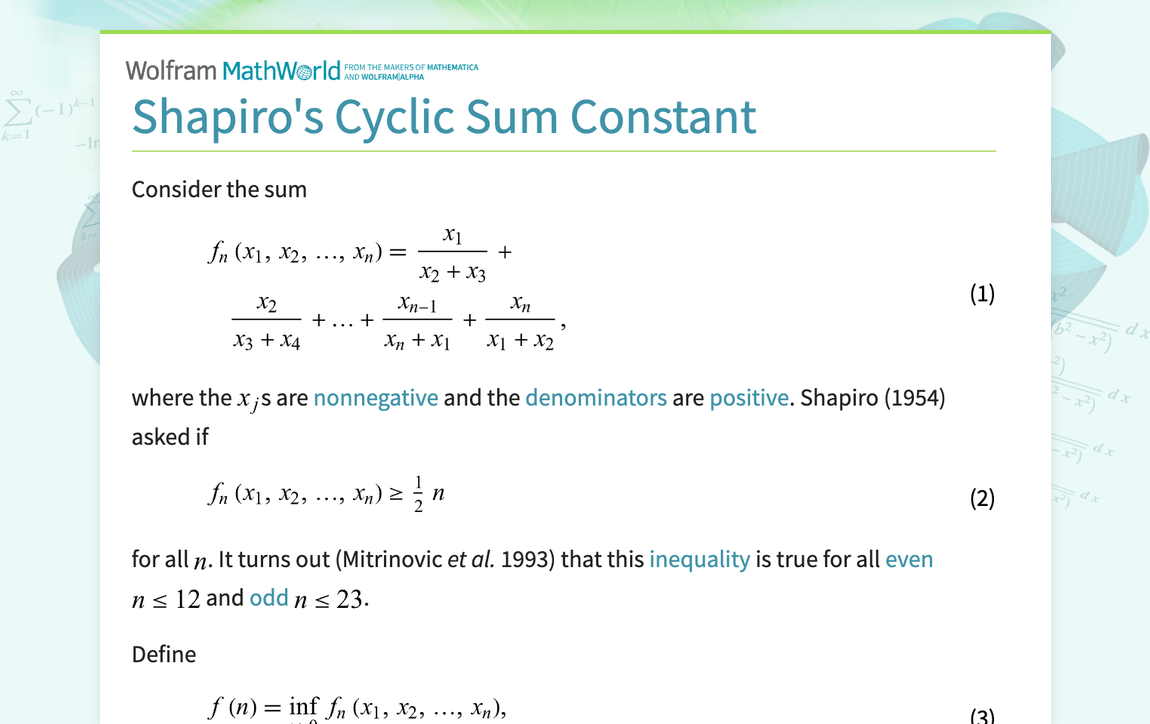 Shapiro's Cyclic Sum Constant -- from Wolfram MathWorld