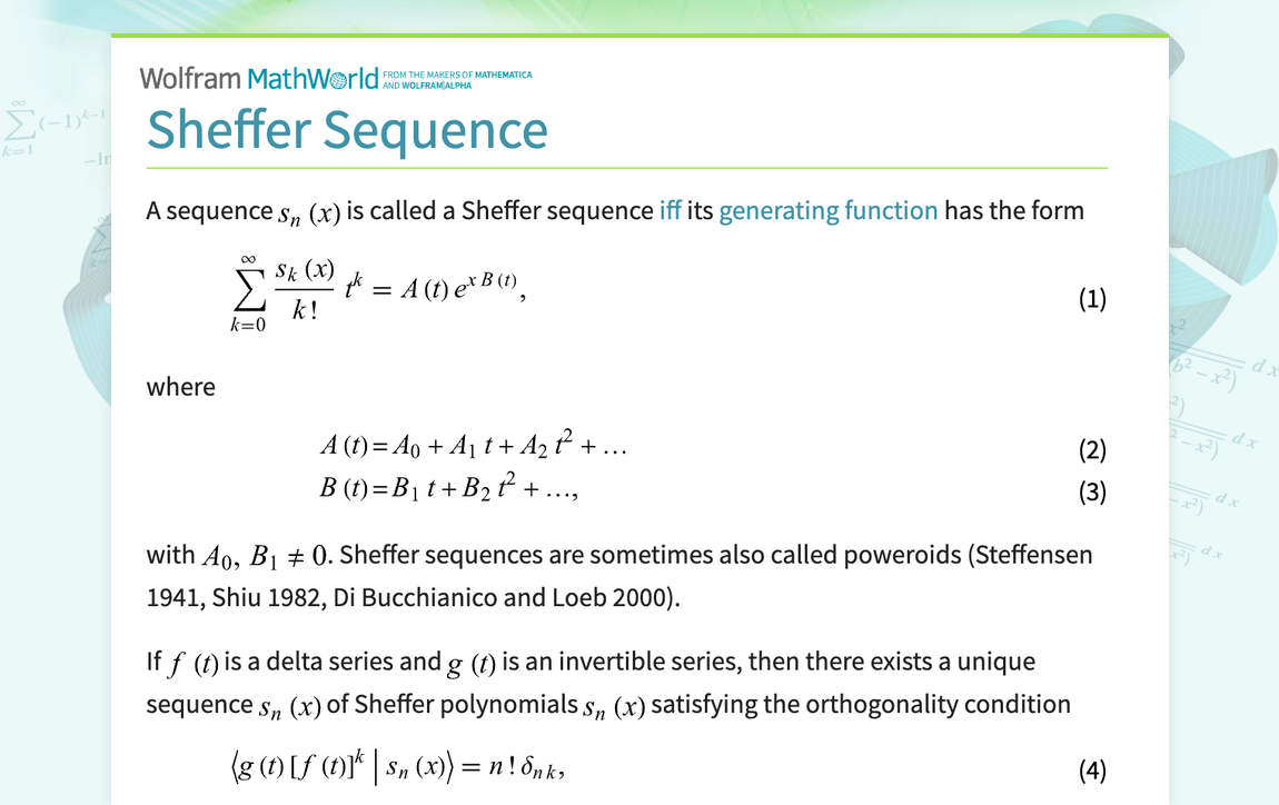 Sheffer Sequence -- from Wolfram MathWorld