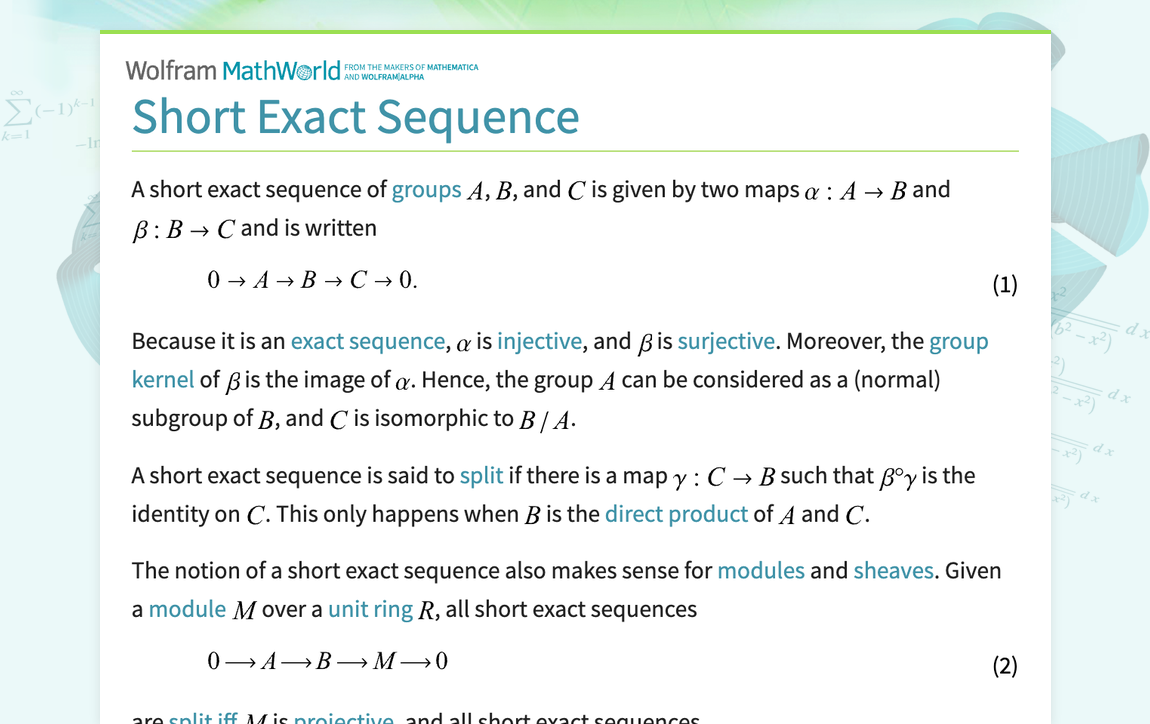 Short Exact Sequence -- from Wolfram MathWorld