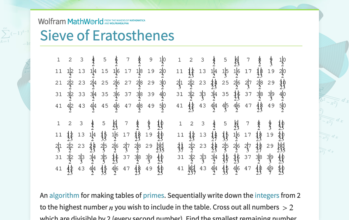Sieve of Eratosthenes -- from Wolfram MathWorld