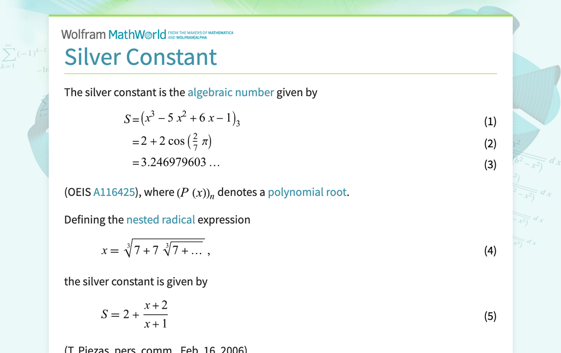 Silver Constant -- from Wolfram MathWorld