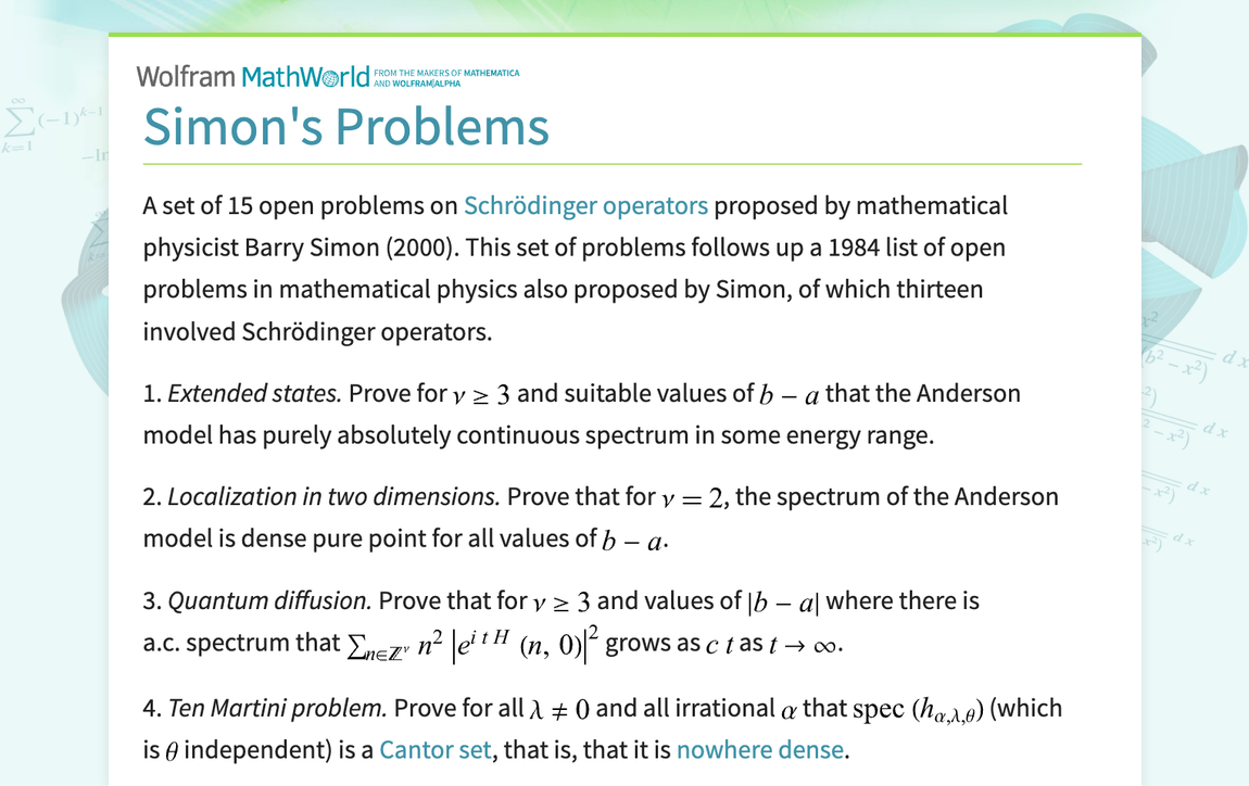 Simon's Problems -- from Wolfram MathWorld