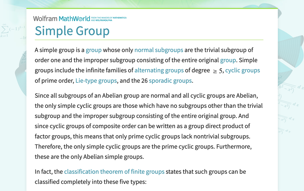 Simple Group -- from Wolfram MathWorld