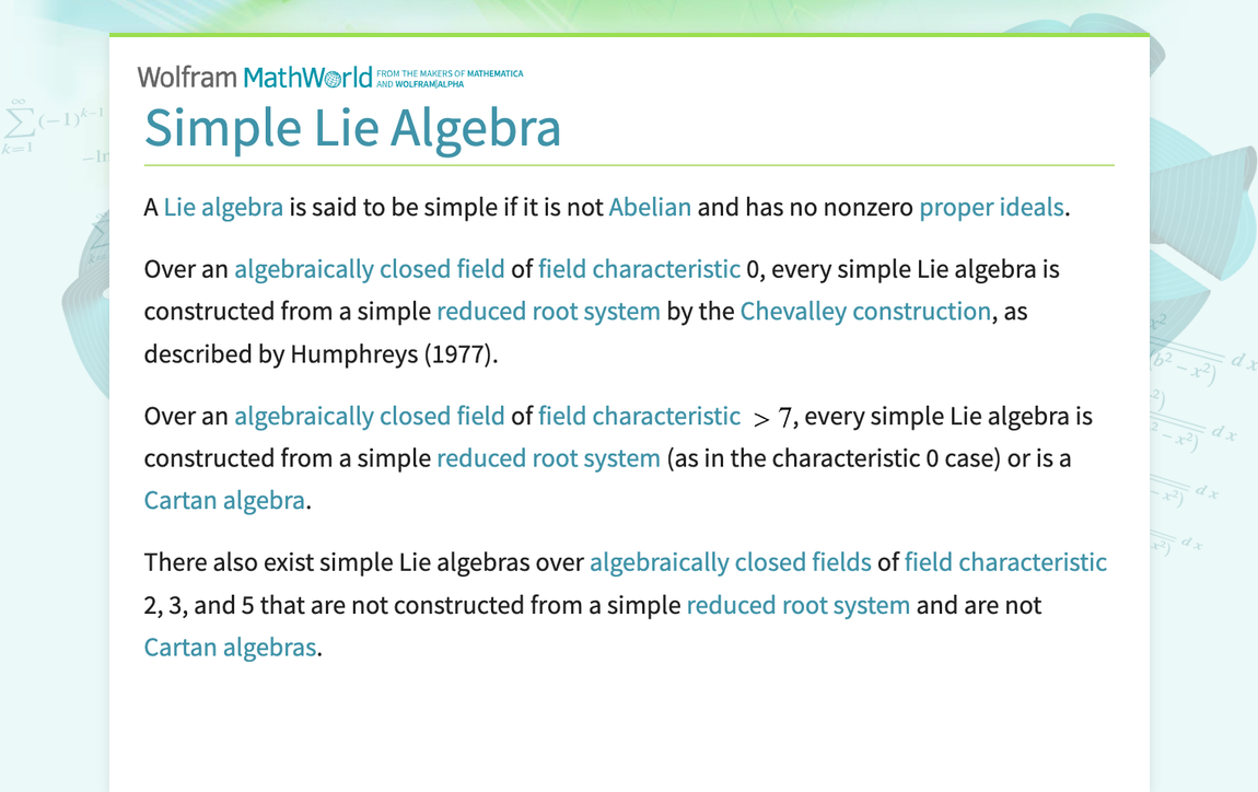 Simple Lie Algebra -- from Wolfram MathWorld