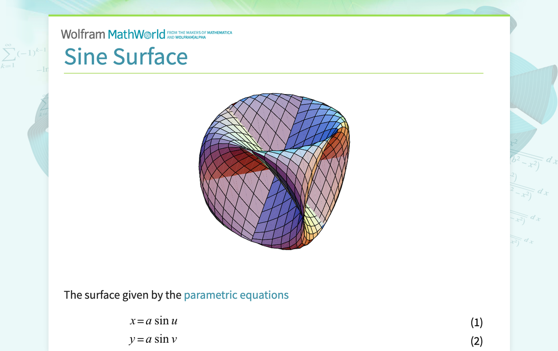 Sine Surface -- from Wolfram MathWorld