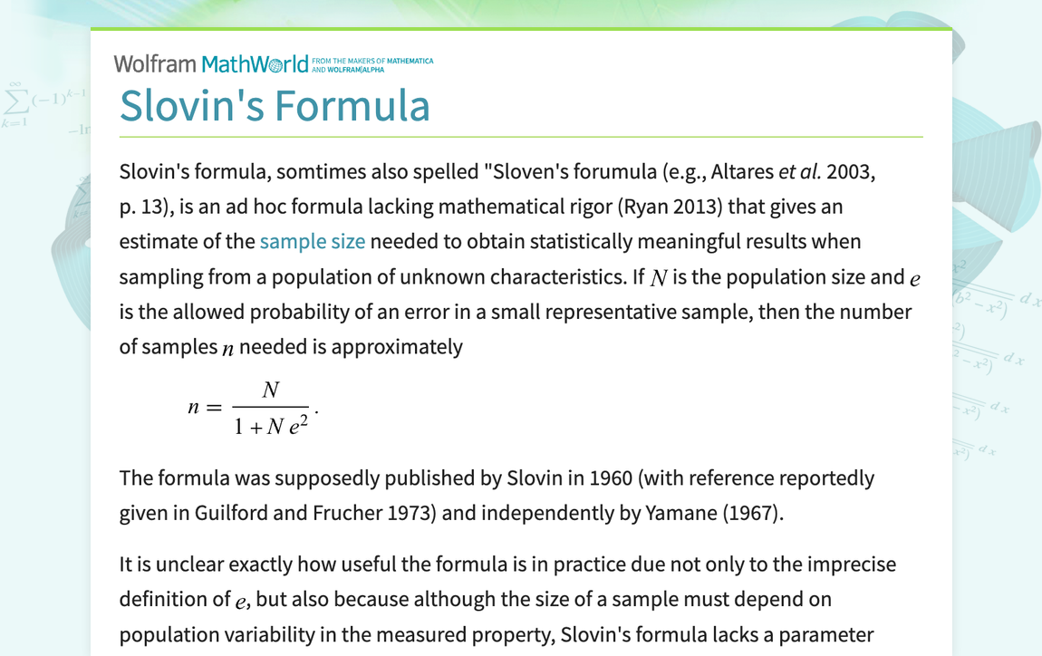 Slovin's Formula -- from Wolfram MathWorld