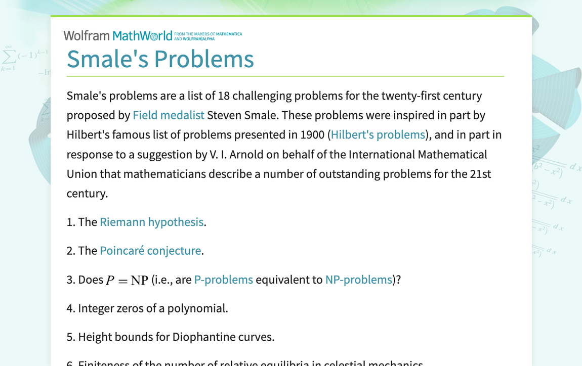 Smale's Problems -- from Wolfram MathWorld