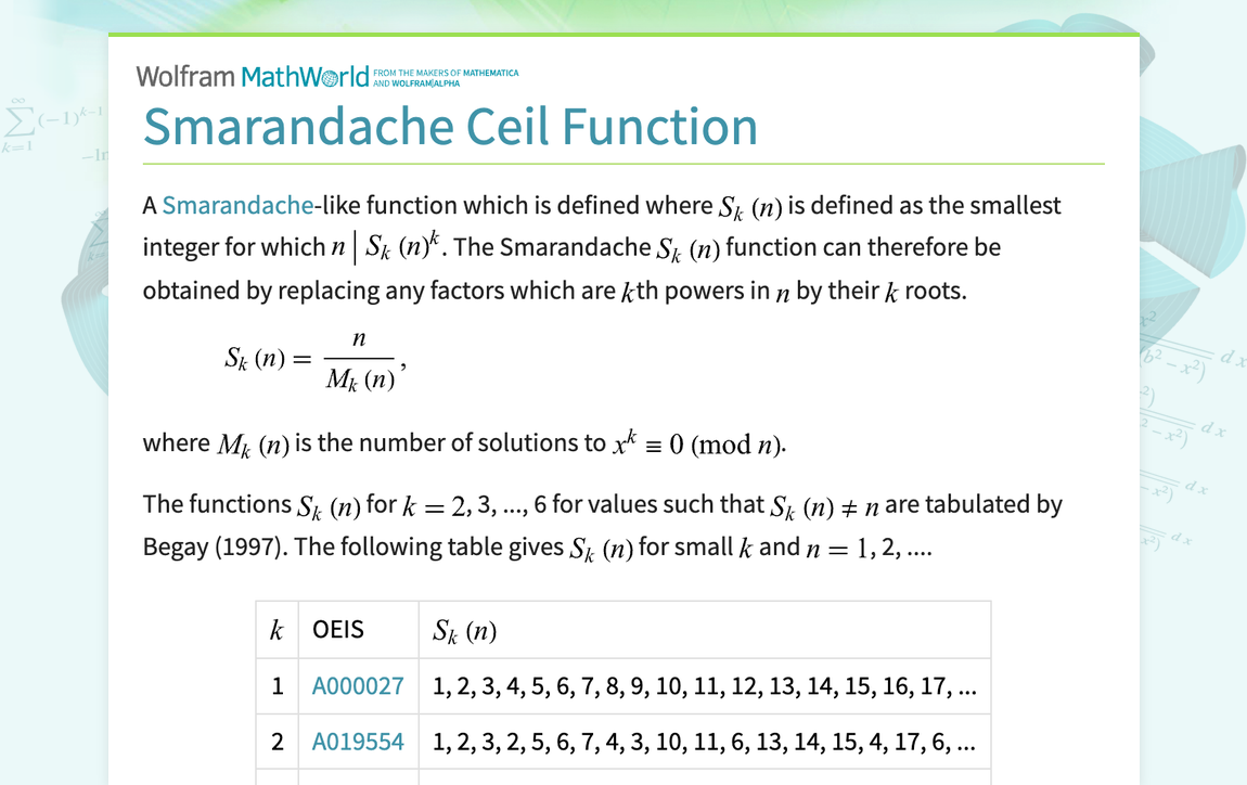 Smarandache Ceil Function -- from Wolfram MathWorld