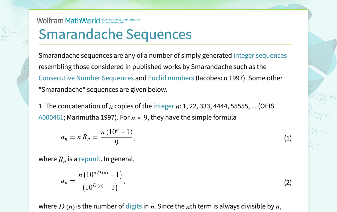 Smarandache Sequences -- from Wolfram MathWorld