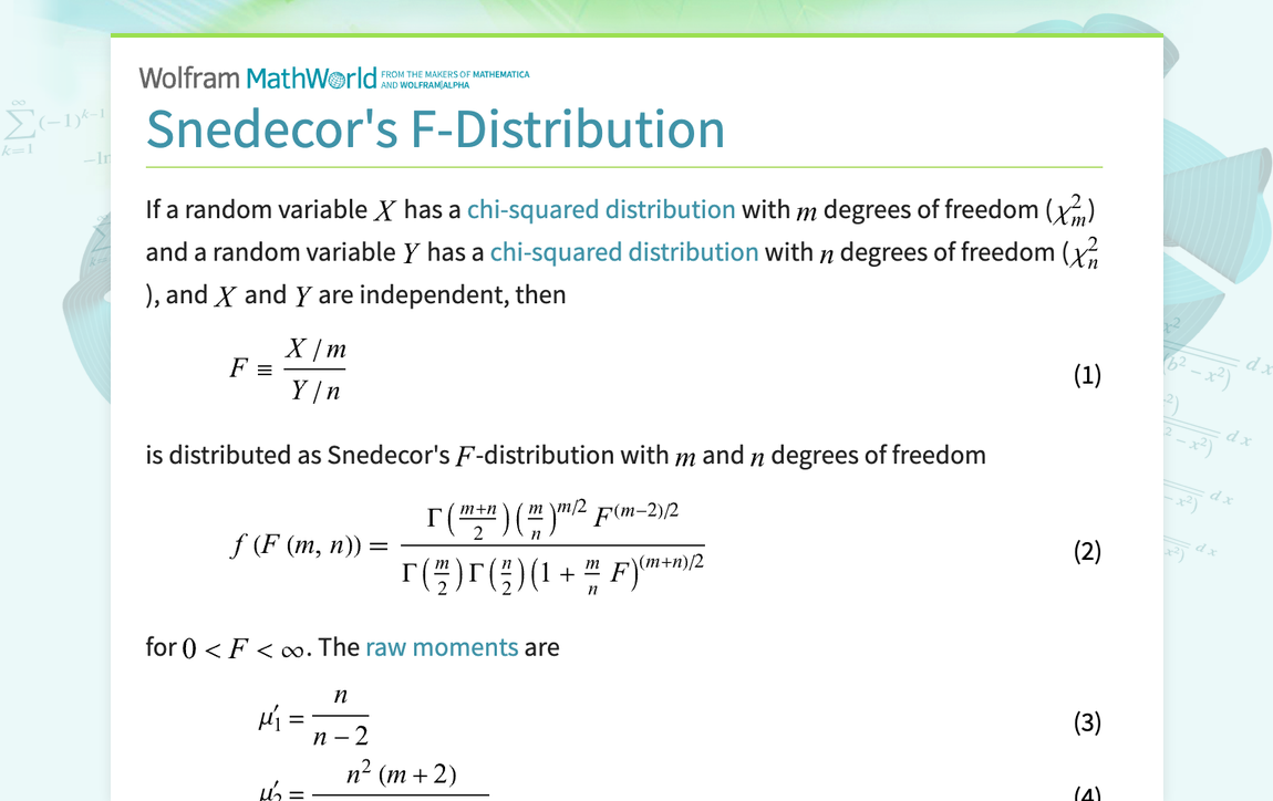 Snedecor's F-Distribution -- from Wolfram MathWorld