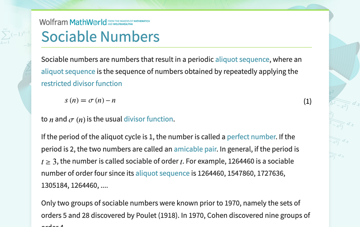 Sociable Numbers -- from Wolfram MathWorld